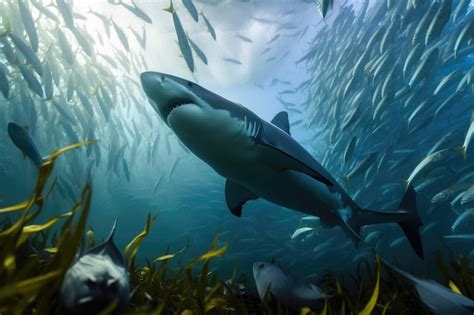 Premium AI Image Megalodon Swimming Through Sea Of Kelp Surrounded By Babes Of Fish Created