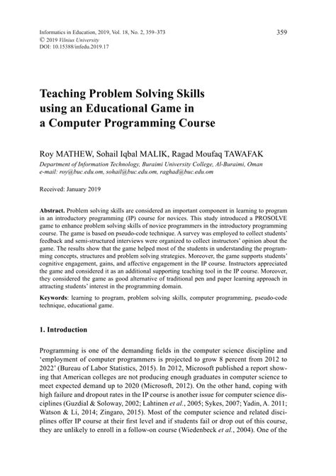Pdf Teaching Problem Solving Skills Using An Educational Game In A