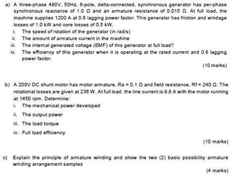 Subject Electrical Power And Machines A A Three Phase 480v 50hz 6 Pole Delta Connected