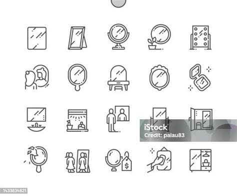 거울 자기 반성 다양한 거울 라운드 메이크업 전체 길이 욕실 인테리어 가구점 픽셀 완벽한 벡터 얇은 선 아이콘 간단한 최소 픽토그램 거울에 대한 스톡 벡터 아트 및 기타