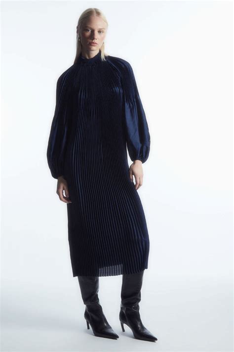 Cos Oversized Pleated High Neck Maxi Dress In Navy Endource