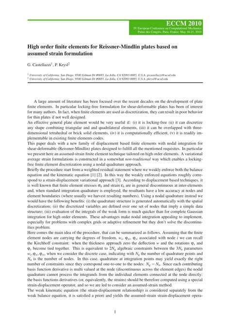 Pdf High Order Finite Elements For Reissner Mindlin Plates Based On Assumed Strain Formulation