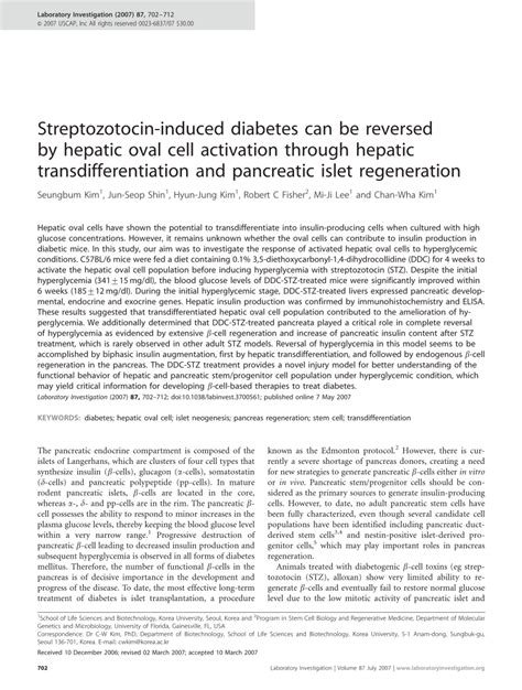 PDF Streptozotocin Induced Diabetes Can Be Reversed By Hepatic Oval