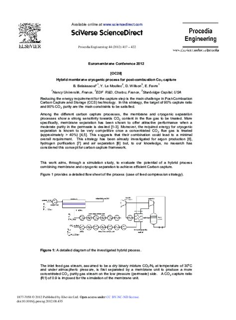 Pdf Hybrid Membrane Cryogenic Process For Post Combustion Co2 Capture