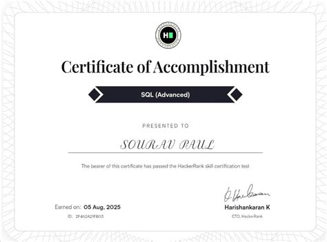 earned advanced sql certification from hackerrank sourav paul posted on the topic linkedin
