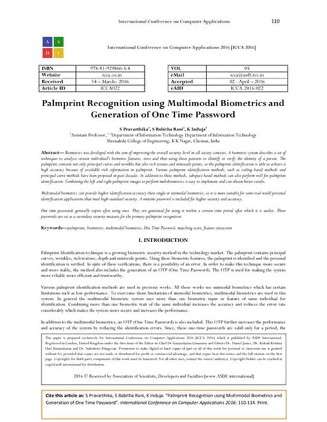 Palmprint Recognition Using Multimodal Biometrics And Generation Of One