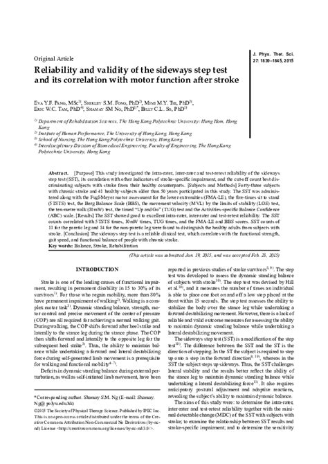 Pdf Reliability And Validity Of The Sideways Step Test And Its Correlation With Motor Function