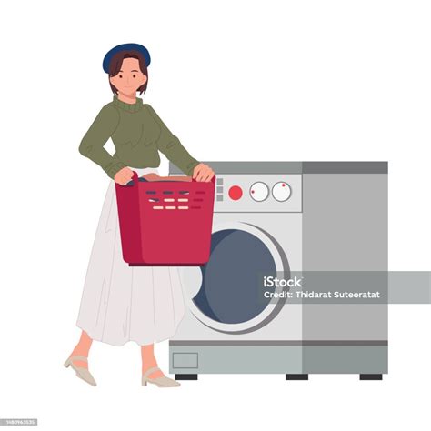 세탁 개념 한 여자가 옷을 빨고 현대 세탁기로 세탁소를 하고 있다 평면 벡터 만화 그림입니다 가사 집안일에 대한 스톡 벡터 아트 및 기타 이미지 Istock