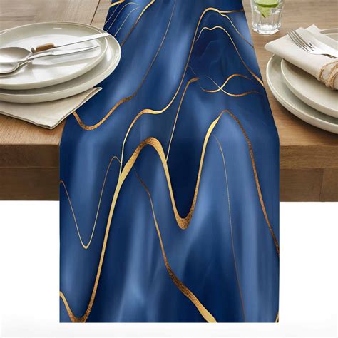 Abstract Marble Texture Table Runner 13x48 Inch Blue Gold Wave Art