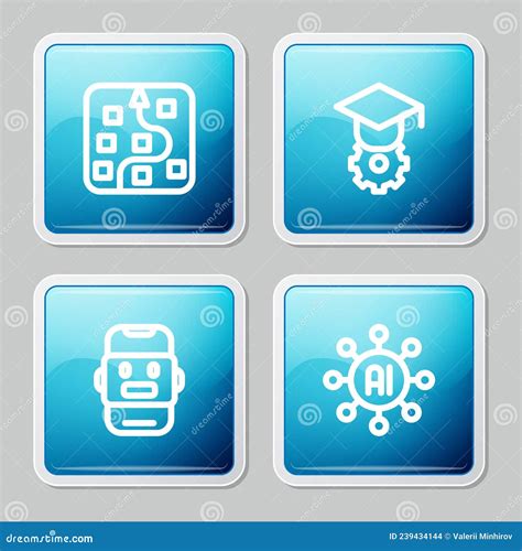 Set Line Neural Network Graduation Cap Chat Bot And Icon Vector