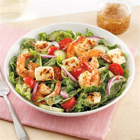 Salade De Crevettes Et Halloumi Grillés Vinaigrette Miel Et Moutarde