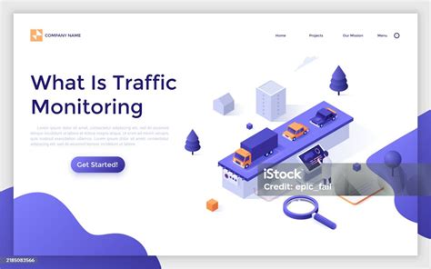 도로를 따라 달리는 자동차를 제어하기 위해 전자 패널을 사용하는 남자가 있는 랜딩 페이지 템플릿입니다 스마트시티 교통감시시스템 연구의 개념 웹 페이지에 대 한 아이소 메트릭