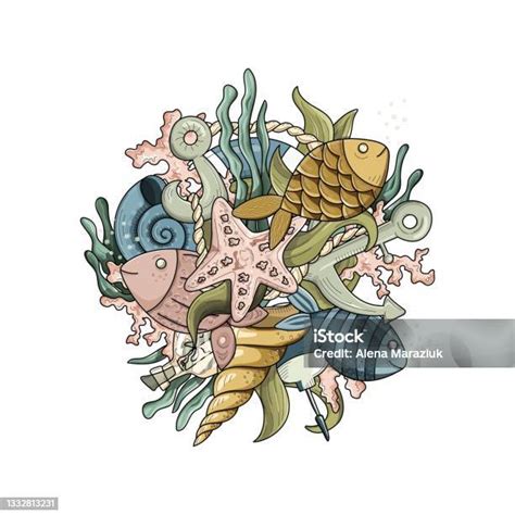 마린 핸드 그린 벡터 낙서 일러스트레이션 물고기 해저 동식물 디자인 요소 흰색에 고립 된 다채로운 벡터 그림 개체 그룹에 대한