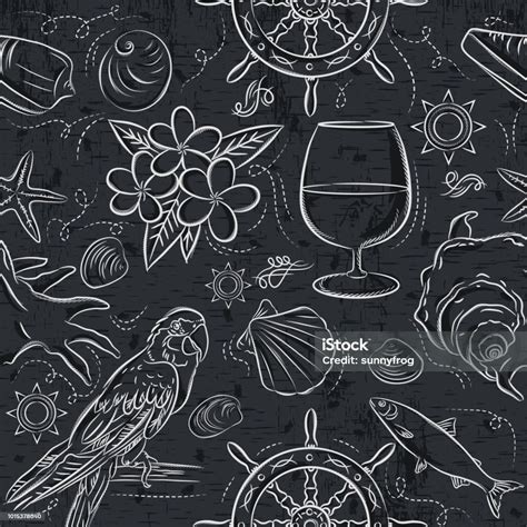 여름 기호 선박 방향 타 앵무새 칵테일 완벽 한 패턴 그런 지 칠판 벡터 일러스트 레이 션에 물고기 직물에 인쇄와 종이 또는 스크랩 예약에 이상적입니다 꽃 식물에 대한 스톡