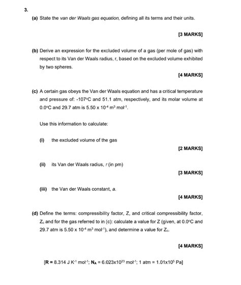 Solved 3 A State The Van Der Waals Gas Equation Defining