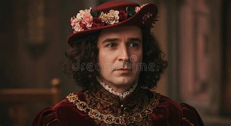Portrait Of A Man In A Red Velvet Robe With Flower Hat Art Male Face