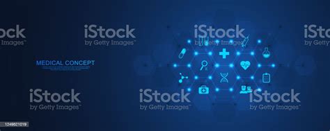 평평한 아이콘과 기호와 의료 및 기술 개념 건강 관리 사업 혁신 의학 과학 배경 의학 연구를위한 템플릿 디자인 건강관리와 의술에 대한 스톡 벡터 아트 및 기타 이미지