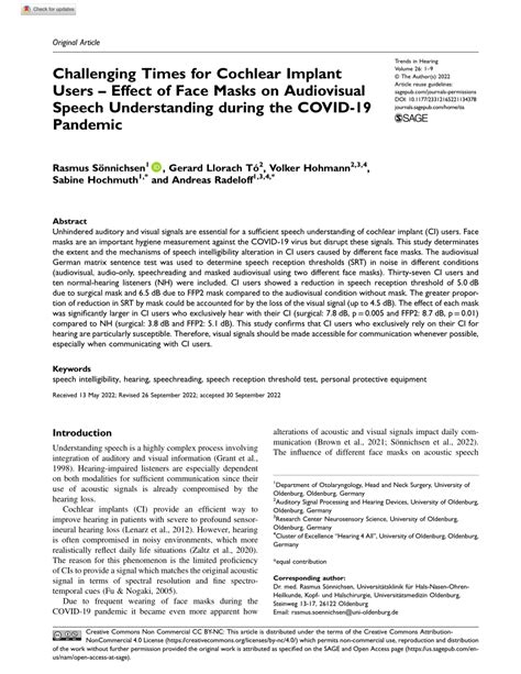 Pdf Challenging Times For Cochlear Implant Users Effect Of Face Masks On Audiovisual Speech