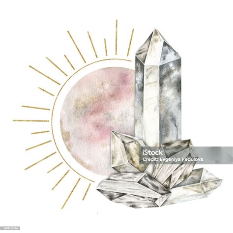 핑크 문 태양 크리스탈 밀교 기호와 상징 점성술과 밀교를 주제로 한 수채화 삽화 격리 디자인 인쇄 패브릭 또는 배경용 결정체에 대한 스톡 벡터 아트 및 기타 이미지 Istock