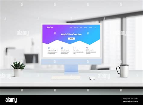 Modern Computer Screen On Desk Showcases Purple Blue Web Site Creator