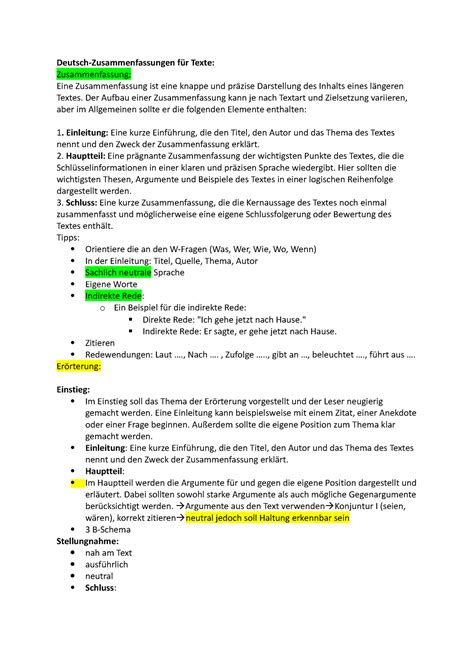 Zusammenfassung Deutsch Deutsch Zusammenfassungen Für Texte
