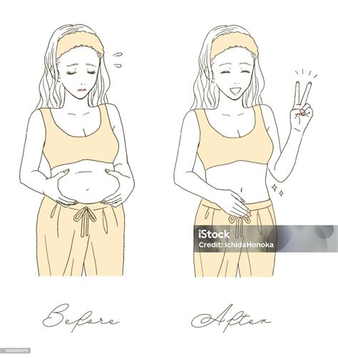 성공적인 배꼽 다이어트를하는 여성의 뷰티 일러스트 레이 션 다이어트에 대한 스톡 벡터 아트 및 기타 이미지 다이어트 전후