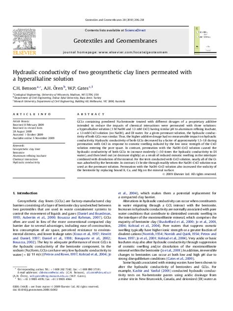 Pdf Hydraulic Conductivity Of Two Geosynthetic Clay Liners Permeated With A Hyperalkaline Solution