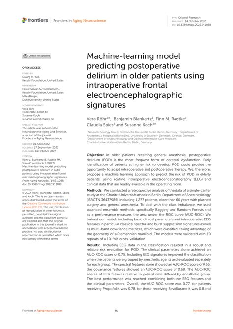 Pdf Machine Learning Model Predicting Postoperative Delirium In Older Patients Using