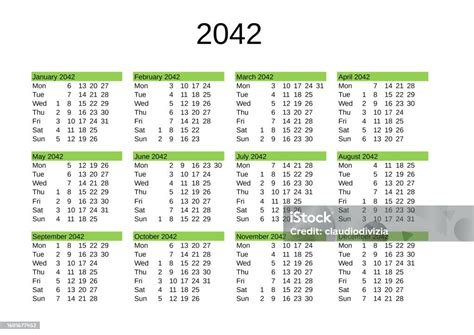 Year 2042 Calendar In English Stock Illustration Download Image Now