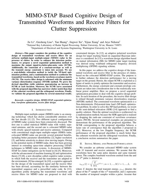 Pdf Mimo Stap Based Cognitive Design Of Transmitted Waveforms And Receive Filters For Clutter