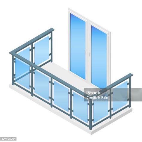 흰색 배경에 고립 된 금속 및 유리 난간이있는 등색 벡터 일러스트 발코니 평면 만화 스타일의 현대적인 발코니 벡터 아이콘 금속