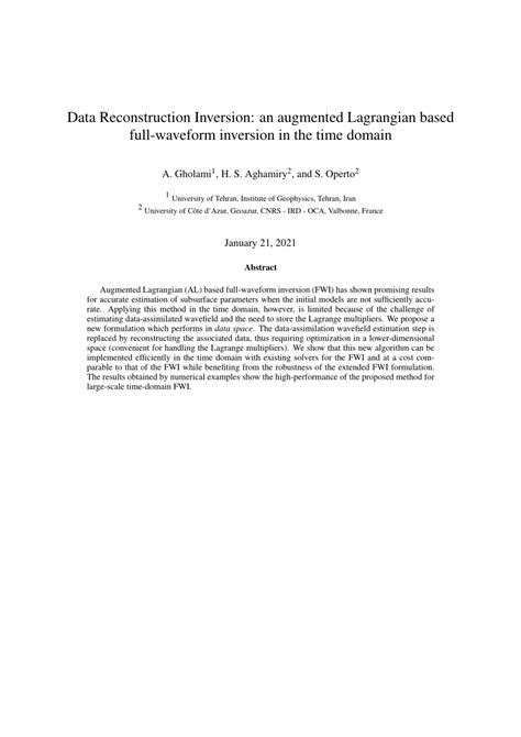 Pdf Data Reconstruction Inversion An Augmented Lagrangian Based Full Waveform Inversion In