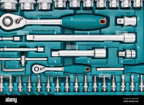 Ratchet With Many Attachments In Plastic Case Work Tools Universal Tool Set Background Stock