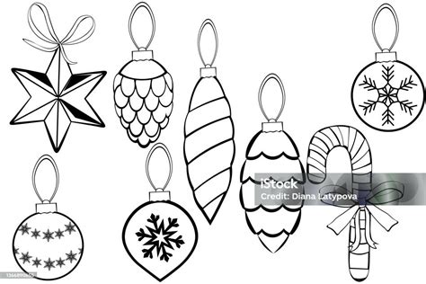 색칠을위한 크리스마스 트리 장식의 흑백 그림 다른 새해 장난감 별표 공 롤리팝 콘 모물키 콘 벡터 일러스트레이션 12월에 대한 스톡 벡터 아트 및 기타 이미지 Istock