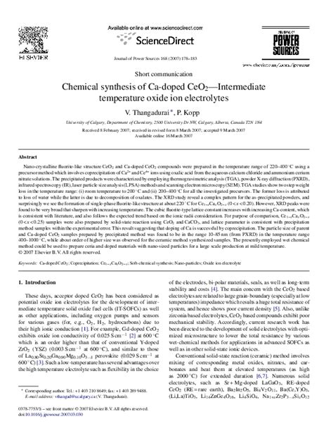 Pdf Chemical Synthesis Of Ca Doped Ceo2—intermediate Temperature Oxide Ion Electrolytes