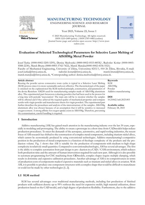 Pdf Evaluation Of Selected Technological Parameters For Selective Laser Melting Of Alsi10mg