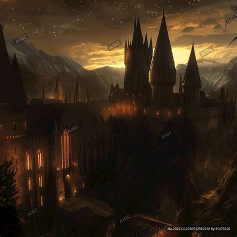 Ai创作图梦幻城堡霍格沃茨学校 霍格沃兹魔法学院 霍格沃茨魔法学院 霍格沃茨城堡 霍格沃茨魔法学校 霍格沃兹城堡 黄昏下的城堡 夕阳下城堡