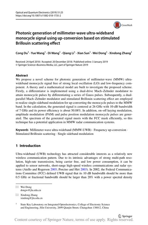 Photonic Generation Of Millimeter Wave Ultra Wideband Monocycle Signal Using Up Conversion Based