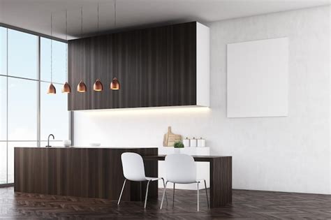 흰색 벽 어두운 목재 카운터 식탁 근처에 흰색 의자가 있는 주방 포스터와 큰 창문이 있습니다 측면보기 3d 렌더링 모의 프리미엄 사진