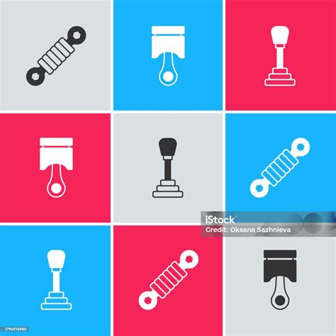 쇼크 업소버 엔진 피스톤 및 기어 시프터 아이콘을 설정합니다 벡터 교통수단에 대한 스톡 벡터 아트 및 기타 이미지 교통수단