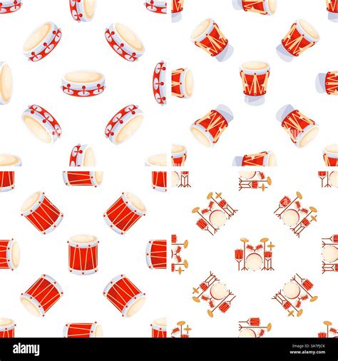 Set Of Seamless Patterns With Red Drums Tom Toms And Drum Kits