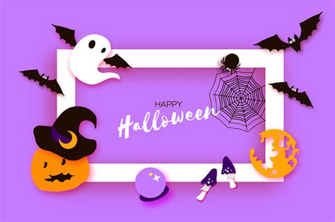 해피 할로윈 파티 호박 박쥐 뼈 유령과 신비한 밤 과자 안 주면 장난칠 거예요 사각형 프레임입니다 텍스트 공간입니다 종이 공예