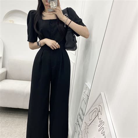 주문폭주패드내장 스퀘어넥 퍼프 밴딩 와이드 점프수트 2color 에이블리