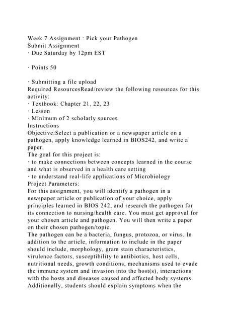 Week 7 Assignment Pick Your Pathogensubmit Assignment· Due Satdocx
