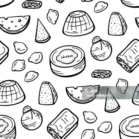 치즈 원활한 패턴의 다양한 유형 치즈 조각과 조각 낙서 스케치 벡터 배경 구다 치즈에 대한 스톡 벡터 아트 및 기타 이미지 구다 치즈 그리기 그리스 음식 Istock