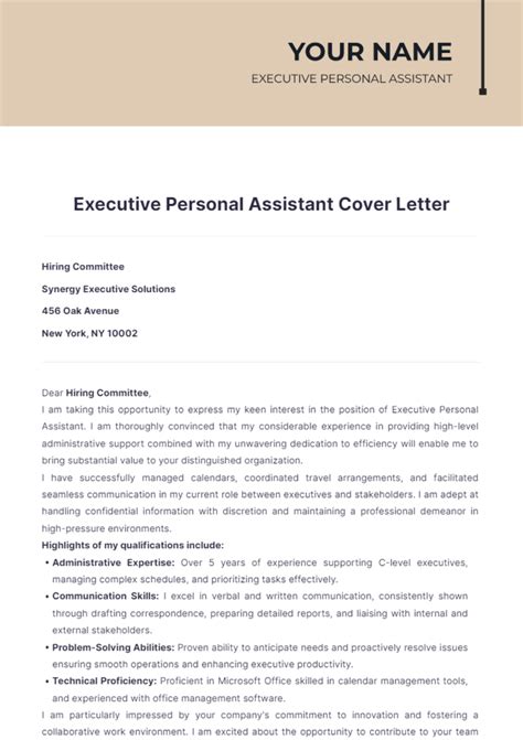 Free Executive Personal Assistant Cover Letter Template To Edit Online