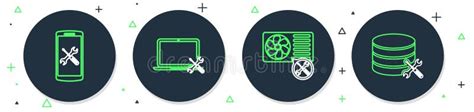 Set Line Laptop Service Air Conditioner Smartphone And Database Server Icon Vector Stock