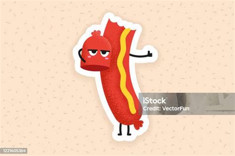 그의 머리를 들고 귀여운 소시지 만화 캐릭터 겨자 벡터 일러스트와 함께 소시지를 먹는다 짜증난 프랑크푸르터는 고개를 잃었다