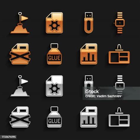 접착제 손목 시계 식별 배지 그래프 차트가있는 문서 파일 문서 삭제 Usb 플래시 드라이브 산 플래그 상단 및 설정 아이콘을 설정합니다 벡터 Usb 케이블에 대한 스톡 벡터