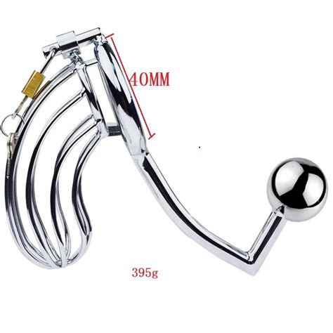 Stainless Steel Cock Cage Penis Ring Anal Hook Butt Plug G Spot Stimul